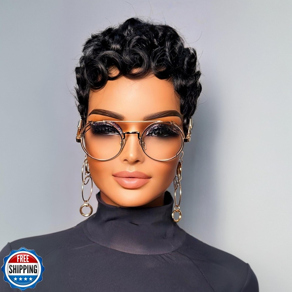 SAEIALL Curly Wave Short Wig Human Hair Pixie Cut Wig for Black Women ...