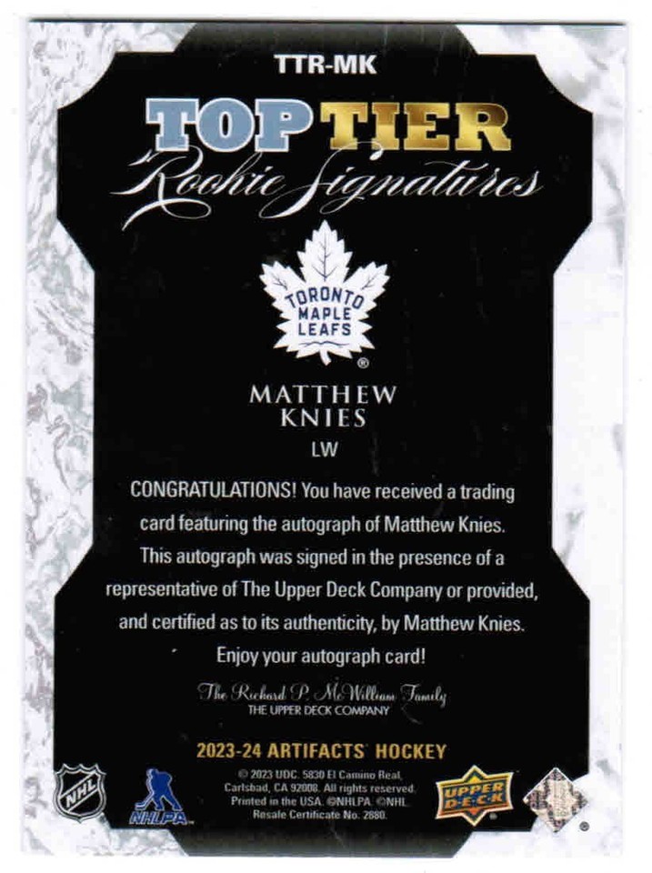 23/24 UPPER DECK ARTIFACTS MATTHEW KNIES TTR-MK TOP TIER ROOKIE ...