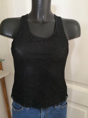 Top black shiny mesh tank top AMISU Size S Good condition | eBay