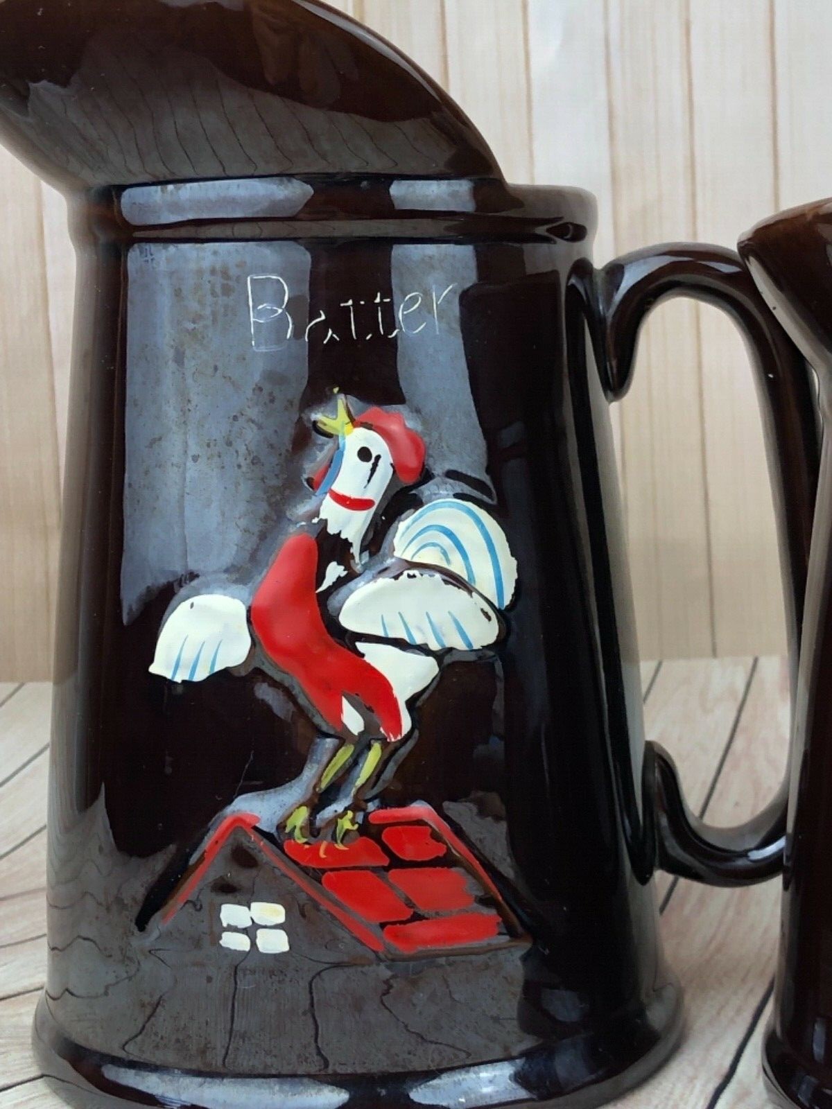 Redware Rooster On Red Roof Glazed Batter And Syrup Pitchers Vintage ...