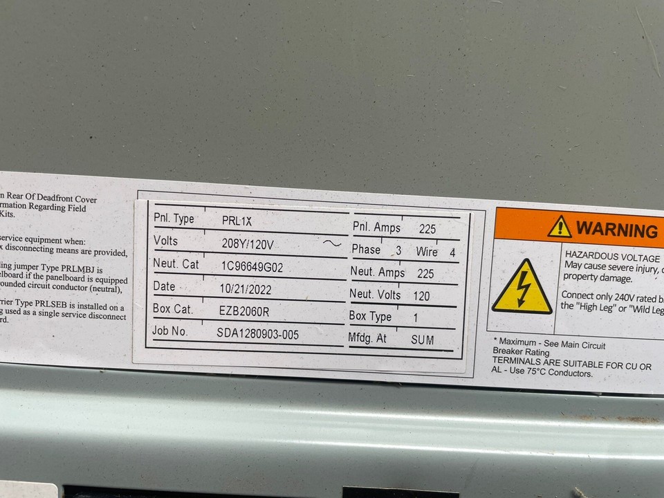 EATON PRL1X 225A MLO PANELBOARD 42 CKT 120/208V 3P4W NEMA 1 SURFACE | eBay