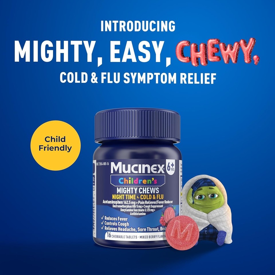 New Mucinex Children's Mighty Chews Nighttime Cold & Flu Reduce Fever ...