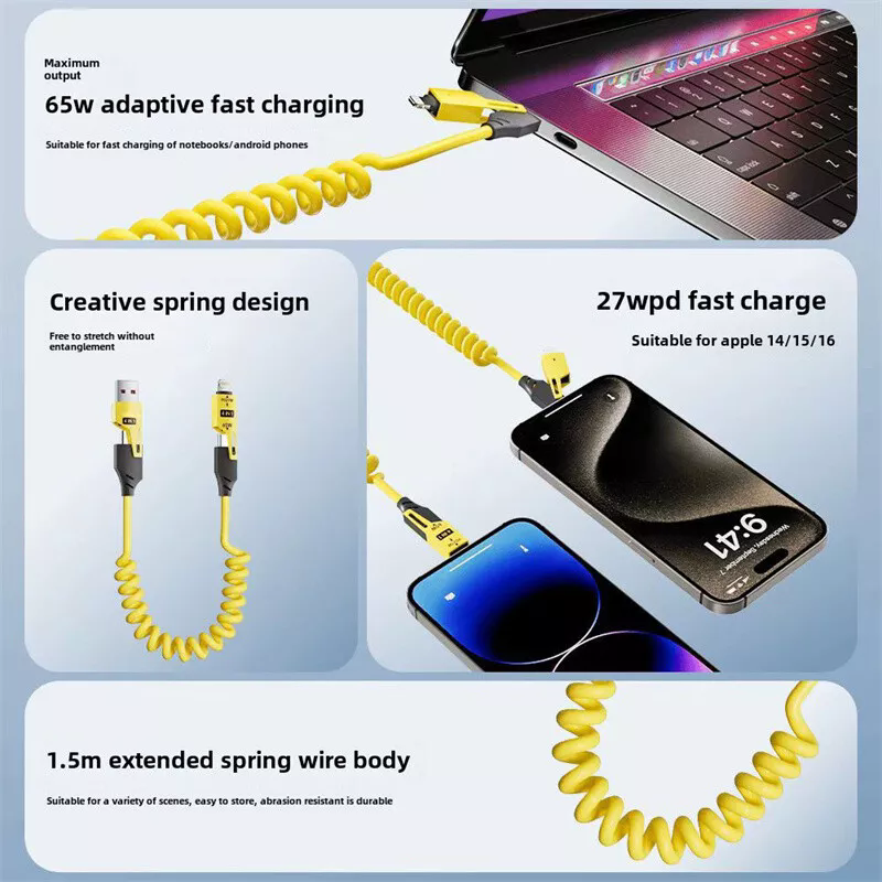 120W Fast Car Charger 5ft 4-in-1 Spring Data Cable For Samsung S24 S23 ...