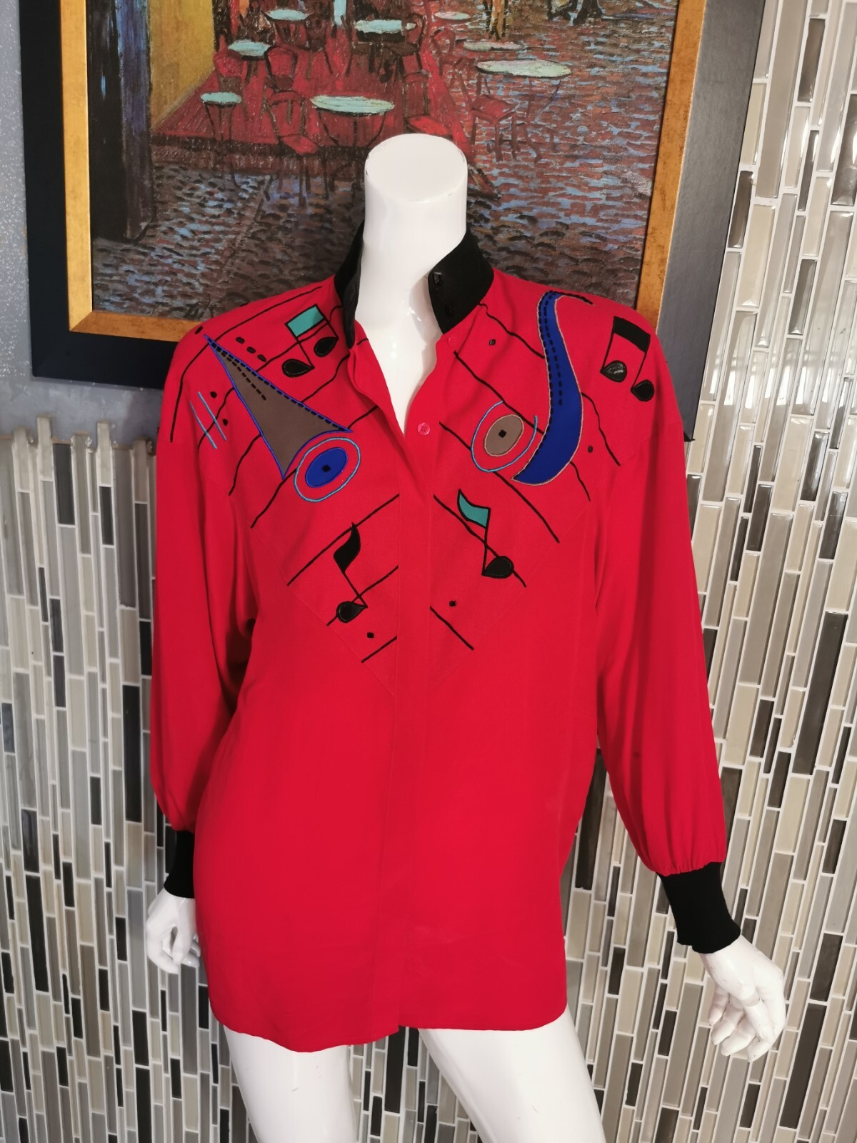 IB Diffusion Vintage Vividly red and black appliqued silk blouse Size 8 ...