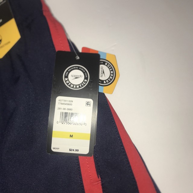 SPEEDO Men's Red White Blue Striped Swimming Trunks Mesh Lining (Small ...