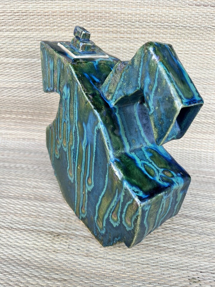 Fabulous Vintage GEOMETRIC Art Pottery Pitcher Cubist Sculpture Blue ...