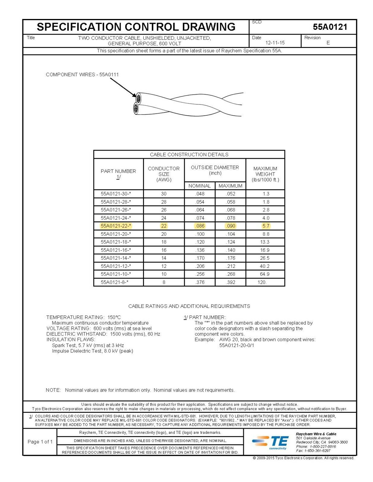 Raychem/TE M27500-22SB2U00 22/2C XL-ETFE Spec 55 55A0121 Aerospace ...