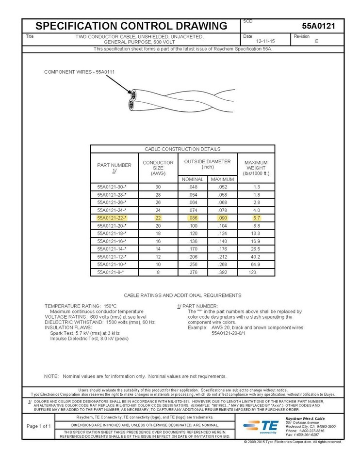 Raychem/TE M27500-22SB2U00 22/2C XL-ETFE Spec 55 55A0121 Aerospace ...