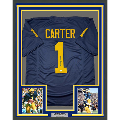 Framed Autographed/Signed Anthony Carter 35x39 Michigan Blue Jersey JSA ...