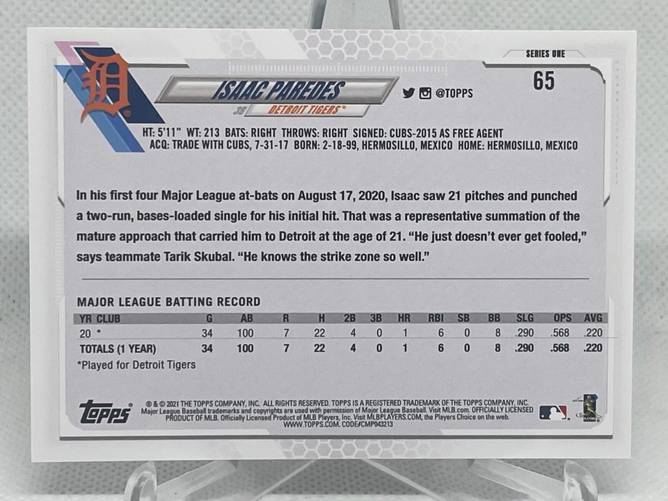 Isaac Paredes 2021 Topps #65 Rookie Card RC XCJX | eBay