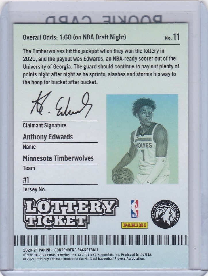 ANTHONY EDWARDS ROOKIE CARD 2020 Panini Contenders RARE LOTTERY TICKET ...