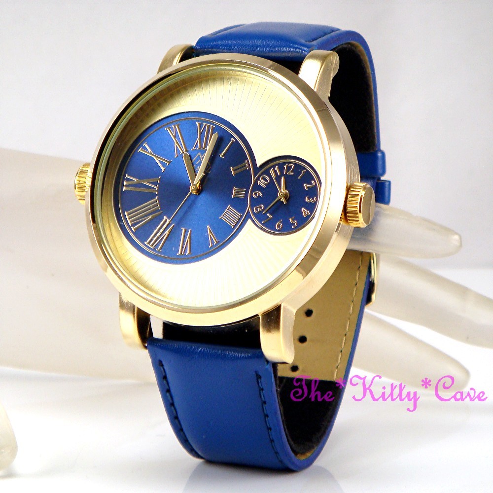 Designer Gold & Blue Leather Dual Time 2 Twin Zone Double Dial Big ...