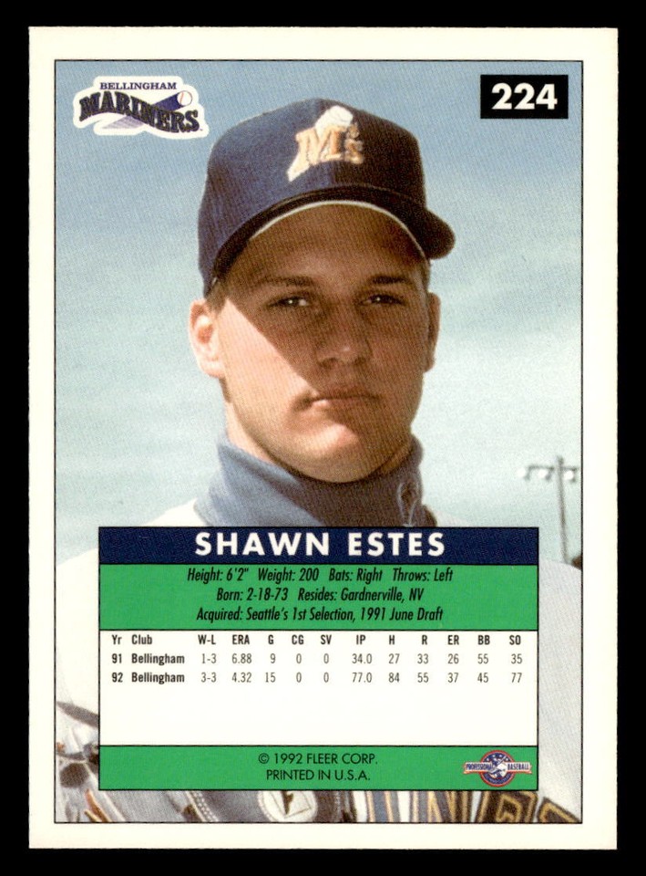 Shawn Estes 1992 Fleer Excel Card #224 Bellingham Mariners | eBay
