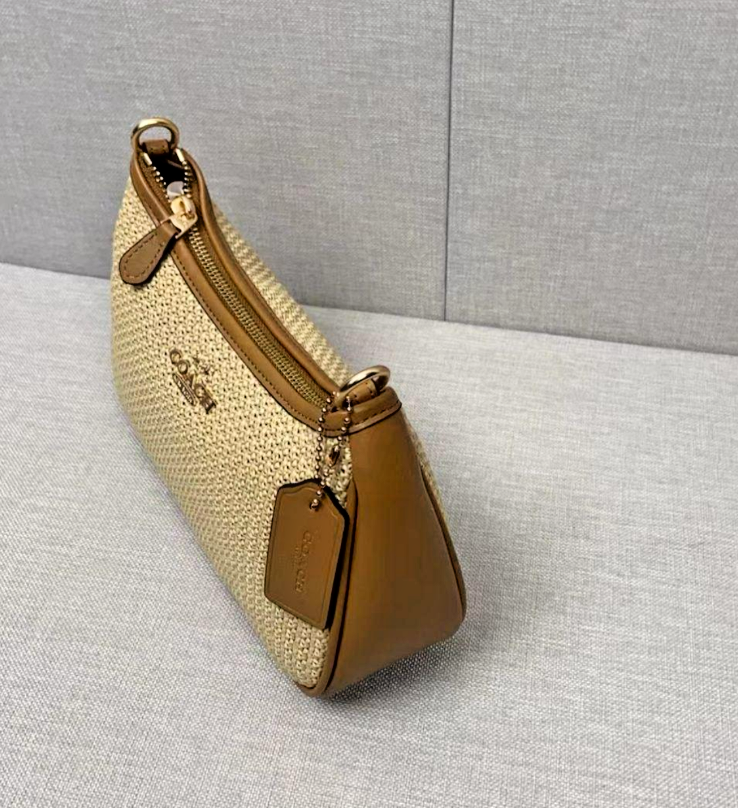 COACH CR350 Teri 2way Shoulder Bag Crossbody Straw Smooth Leather Latte ...