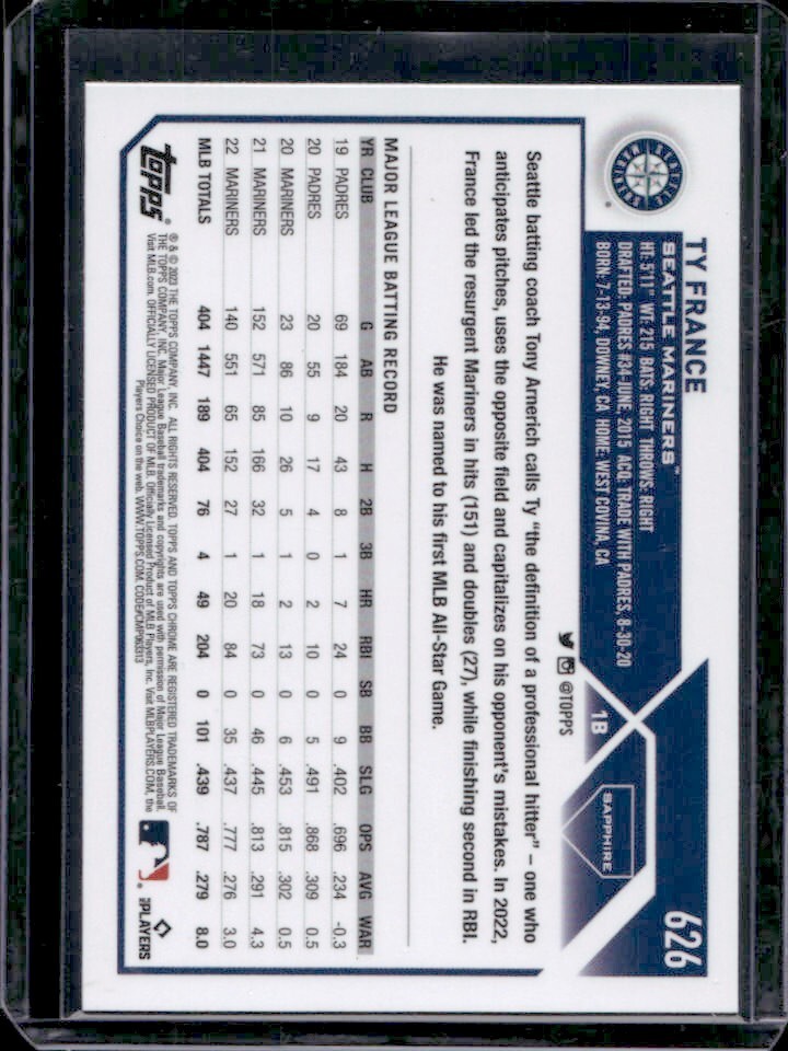 TY FRANCE TOPPS CHROME BLUE SAPPHIRE BASE SEATTLE MARINERS #626 2023 23 ...