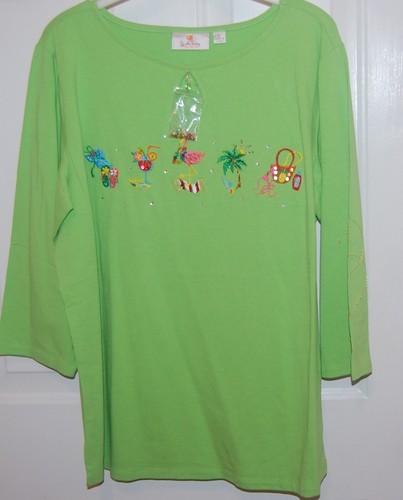 NWOT Quacker Factory Embroidered Beaded Flamingo ++ Tunic T Shirt Sz ...
