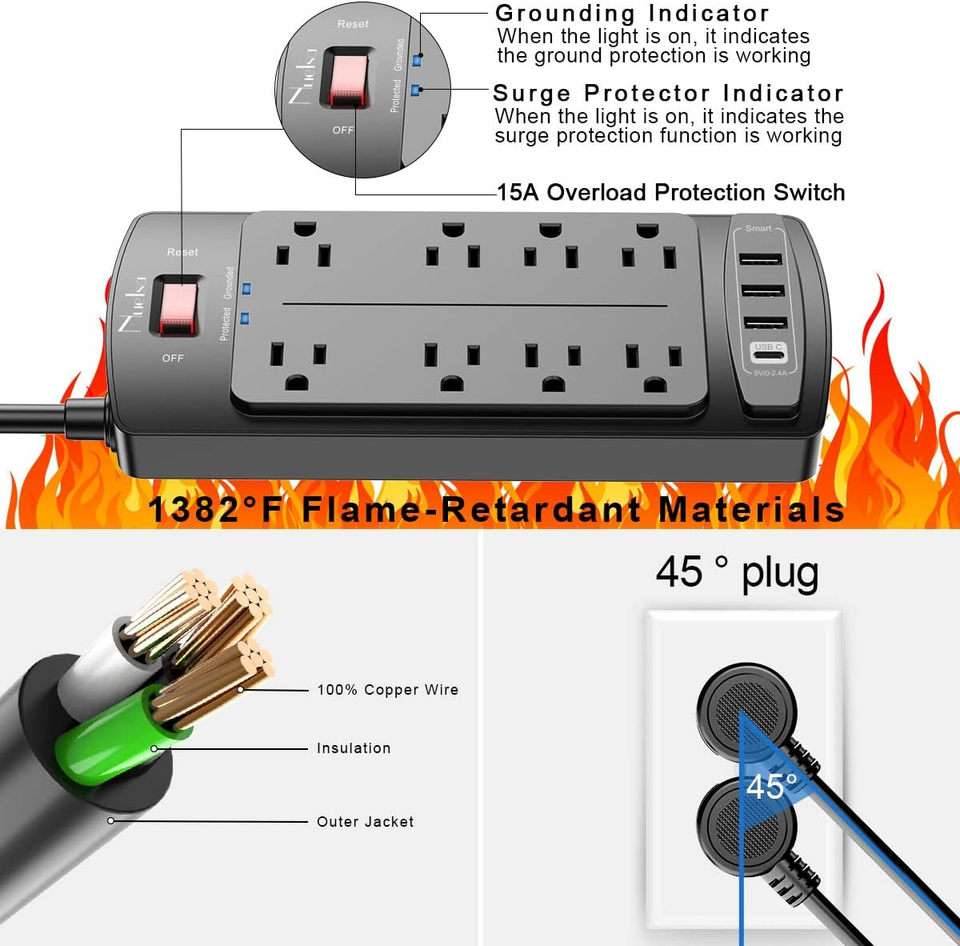 8 Outlets Power Strip Surge Protector, Flat Plug Extension Cord with 4 ...