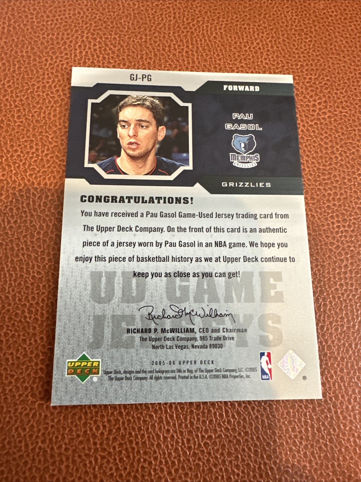Pau Gasol 2005-06 Upper Deck UD Game Jerseys Card #GJ-PG Memphis ...