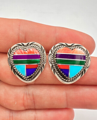 Vtg Navajo Sterling Silver Multi Gemstone Flush Inlay Heart Post Stud ...
