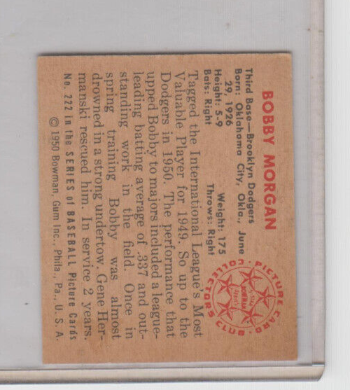 1950 Bowman # 222 Bobby Morgan Autograph Signed / Auto Brooklyn Dodgers ...