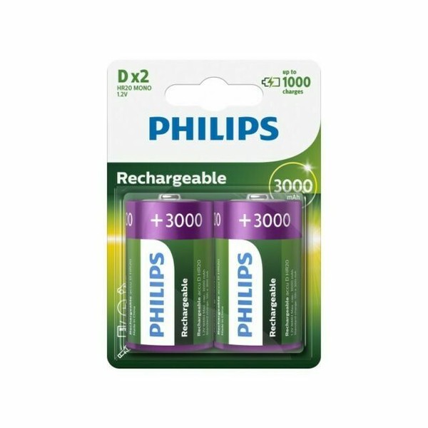 2 X Philips Rechargeable D Size 3000mah NiMH Multi-life ACCU Batteries ...
