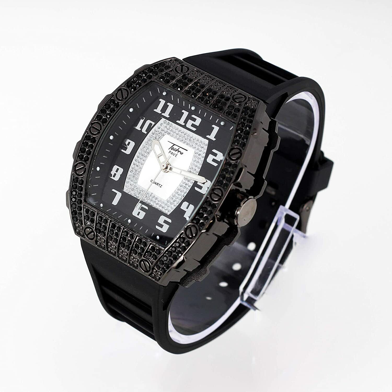 Men Iced Watch Black Bling Rapper Stylish Simulate Diamond Silicone ...