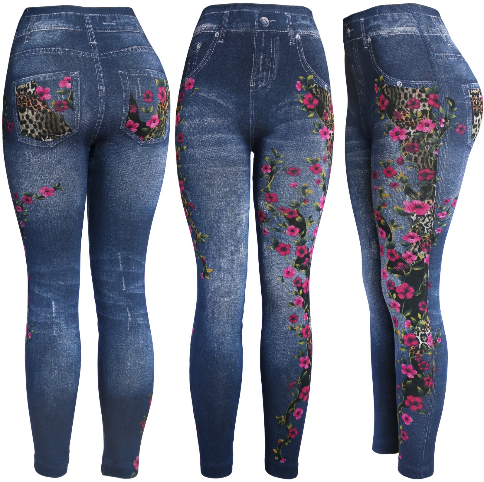 High Waist Women's Denim Print Fake Faux Jeans Leggings Pants | eBay