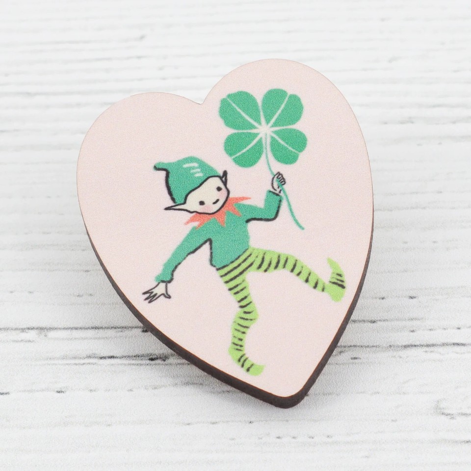 lucky pixie pin badge four leaf clover wooden brooch | eBay