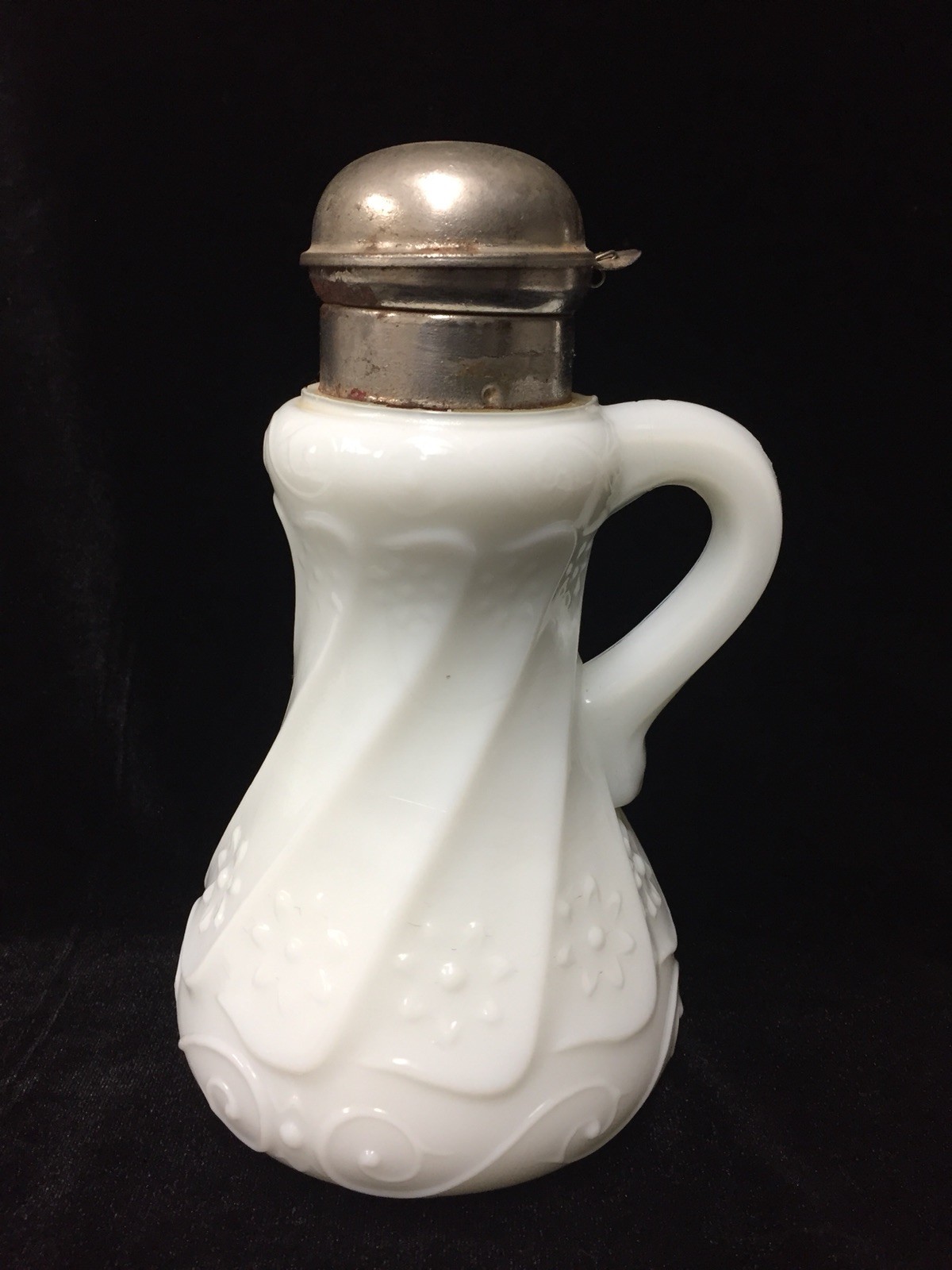 Antique Victorian Milk Glass syrup pitcher, swirls and daisy pattern ...
