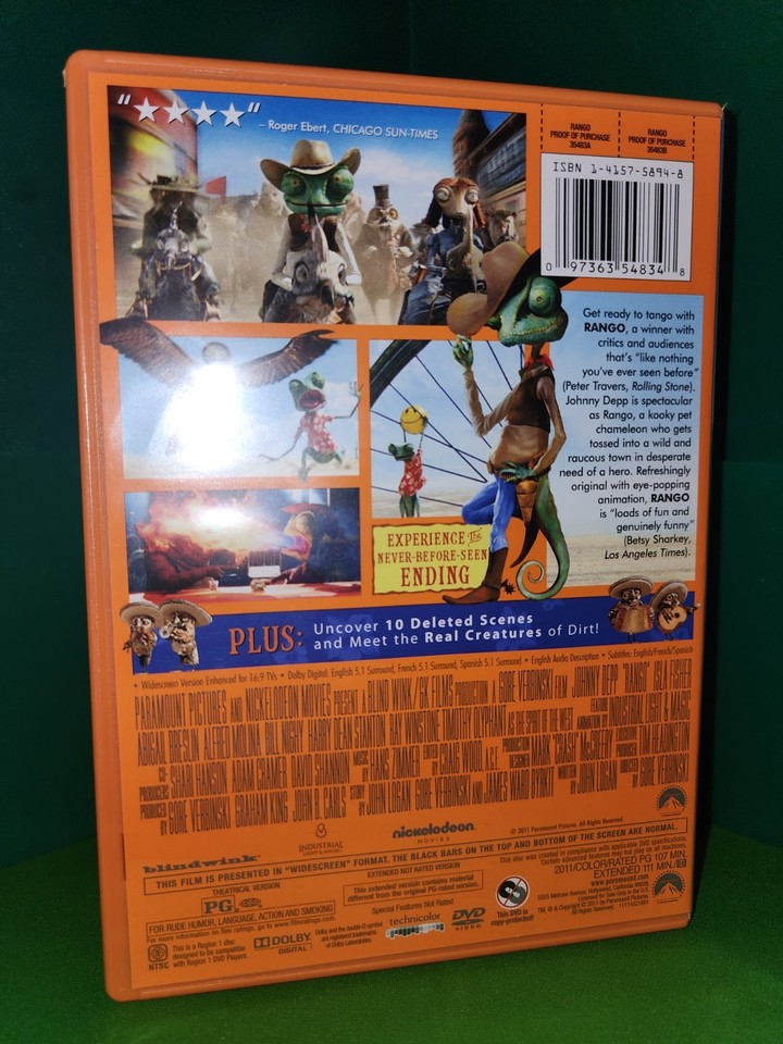 CIB w/ Insert - Rango (DVD, 2011, Paramount) Johnny Depp Nickelodeon ...