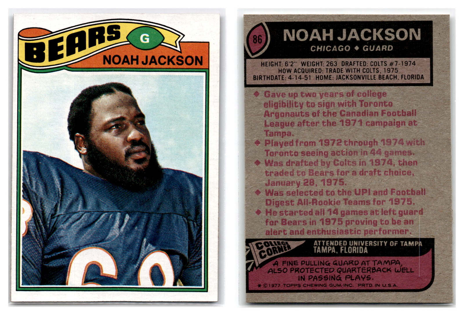 1977 Topps #86 Noah Jackson RC EXMT/NM - Chicago Bears | eBay