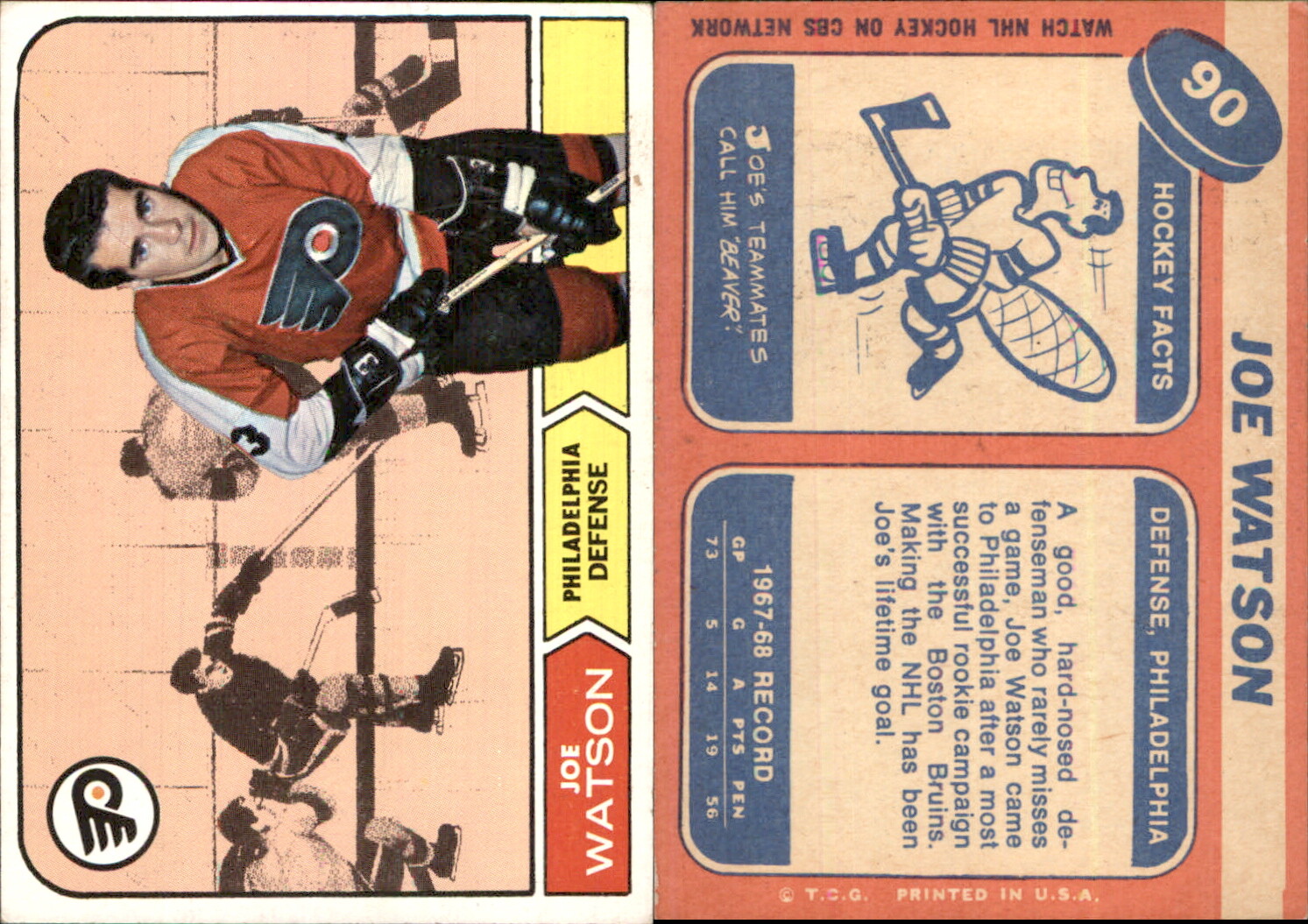 Joe Watson 1968-69 Topps #90 Card Philadelphia Flyers FREE SHIP ...