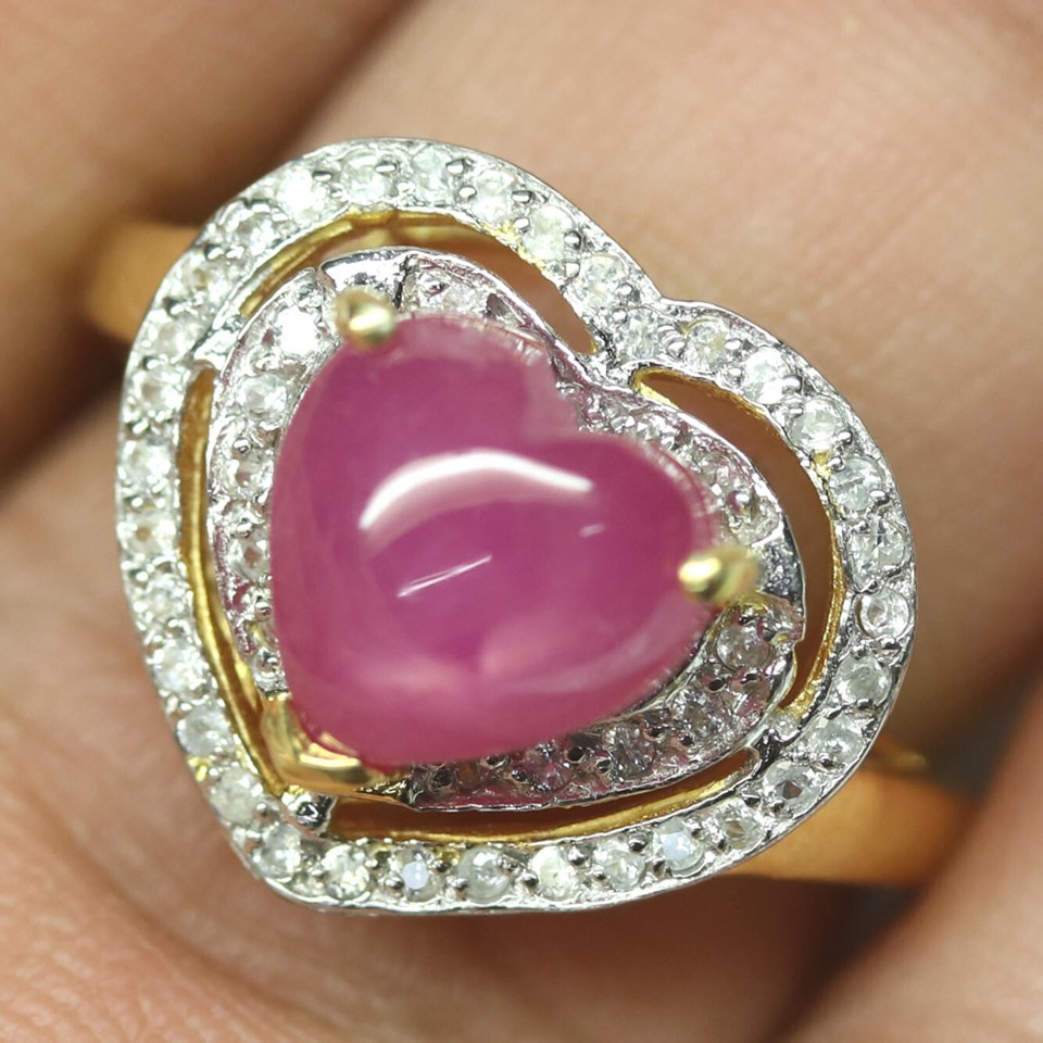 Gemstone 9 x 9 mm. Pink Ruby & Zircon Jewelry Ring 925 Silver Size 6.75 ...