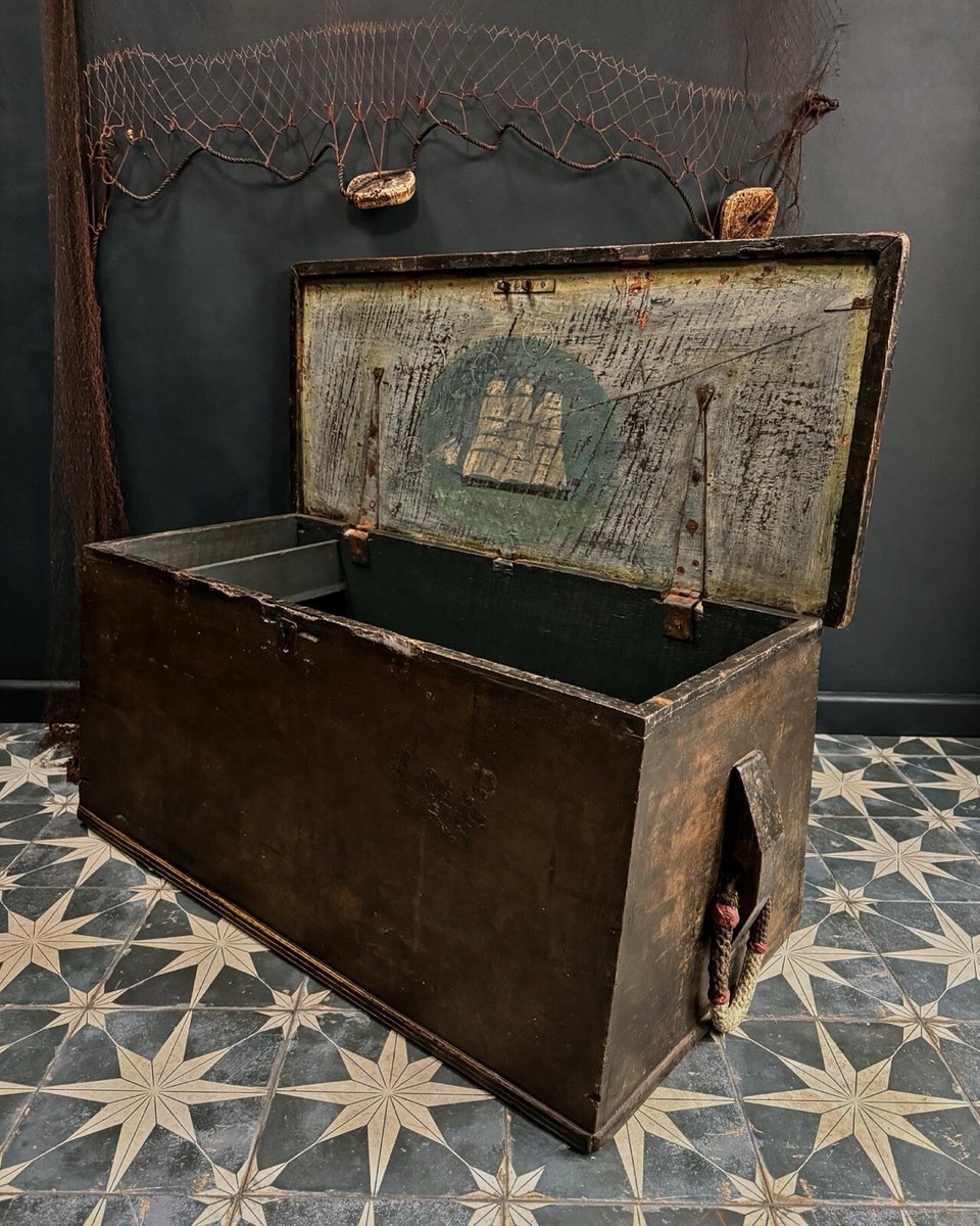 Antique Sea Chest Painted Painted Sea Chest With Carved Ship New