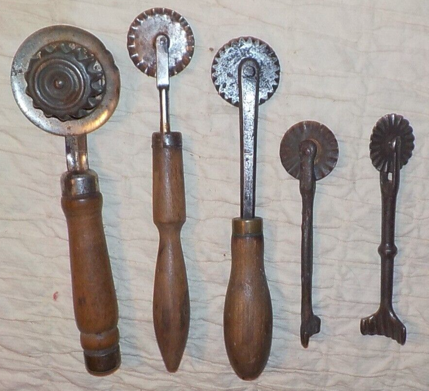 5 Antique PASTRY JIGGERS primitive kitchen tools wood crimper wheel ...
