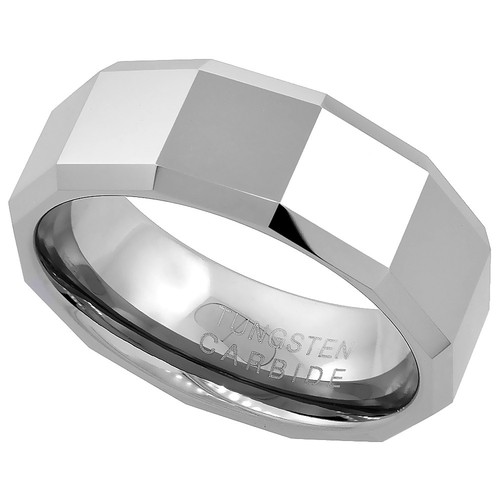 8mm Tungsten Wedding Band Ring Faceted Large Square Pattern, Beveled ...