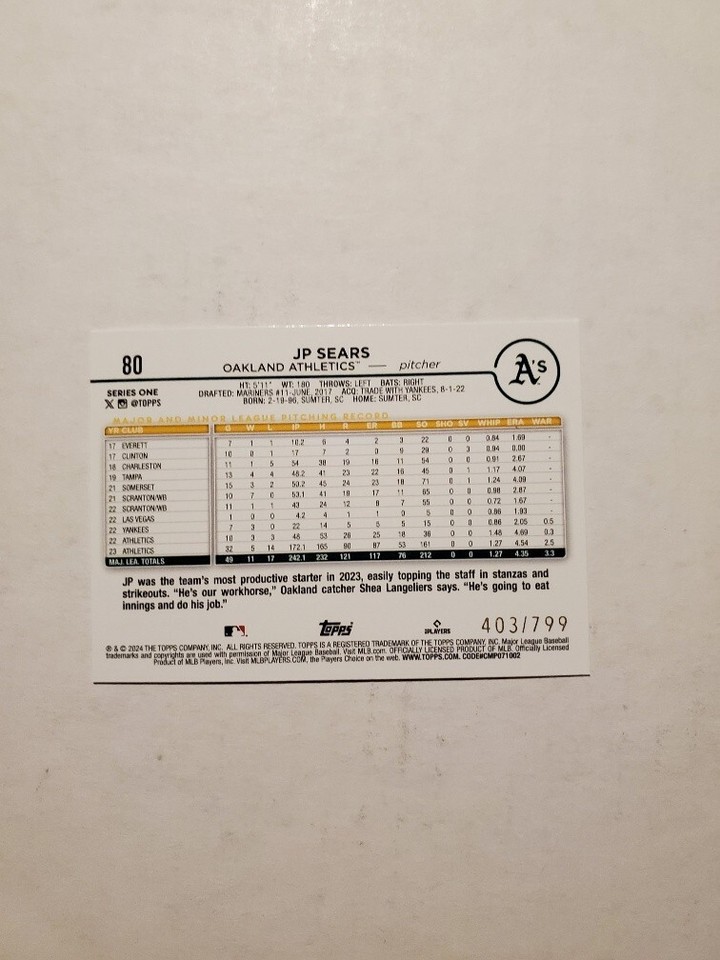 2024 Topps Series 1 JP Sears /799 Purple Holo Foilboard #80 Athletics ...