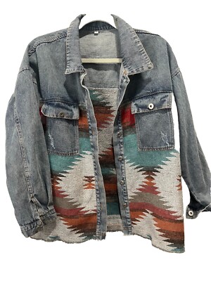 Vintage Aztec Jean Jacket Western Denim Small Frayed Hem | eBay