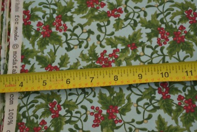 By 1/2 Yd, Red & Green Holly & Mistletoe on Lt-Blue, Moda/Woodland ...