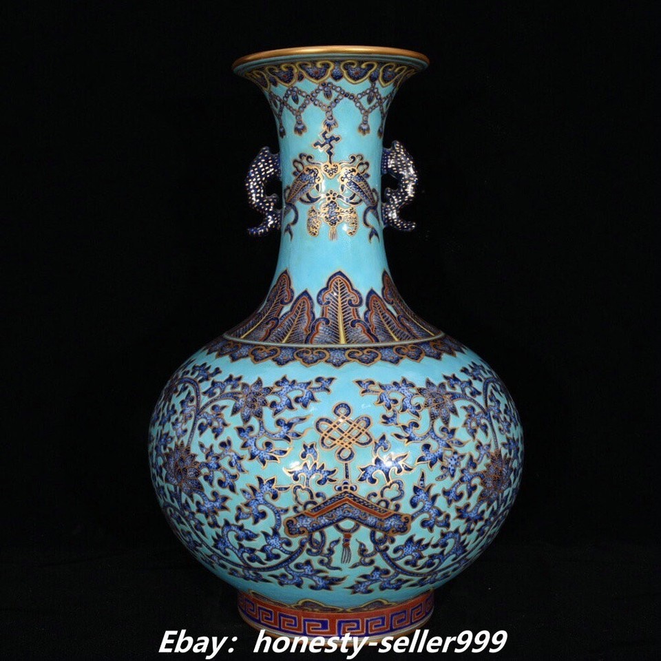 12.9" Qianlong Famille Rose Porcelain Gilt 8 Auspicious Symbol Bottle ...