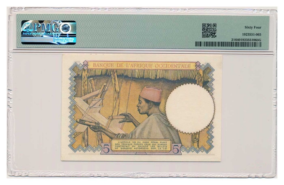 FRENCH WEST AFRICA banknote 5 Francs 10.3.1938 PMG MS 64 Choice ...