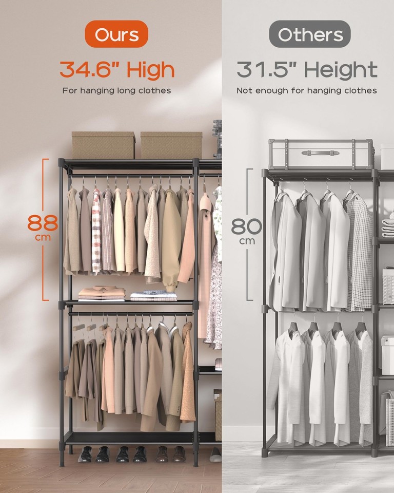 Extra Large Portable Clothes Rack with Shelves & 5 Hanging Rods - Black ...