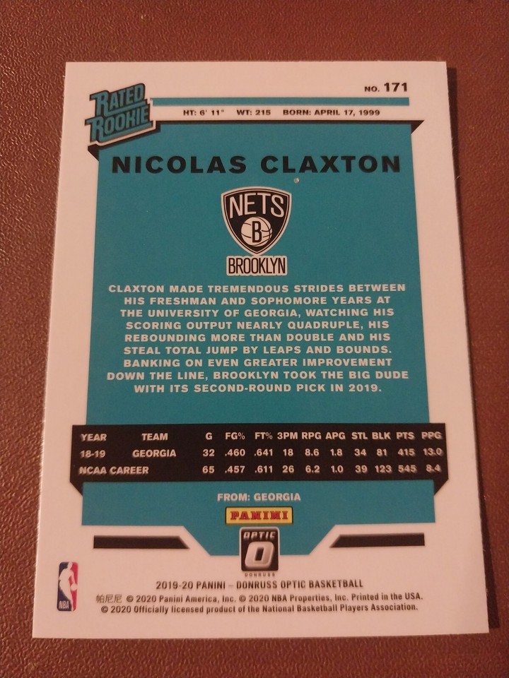 2019 NIC CLAXTON DONRUSS OPTIC NBA RATED ROOKIE CARD RC #171 BROOKLYN ...