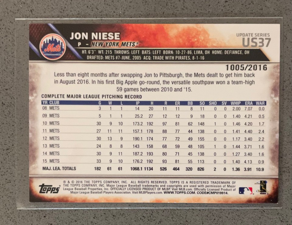 2016 Topps Update Series Baseball #US37 Jon Niese /2016 Gold Parallel ...
