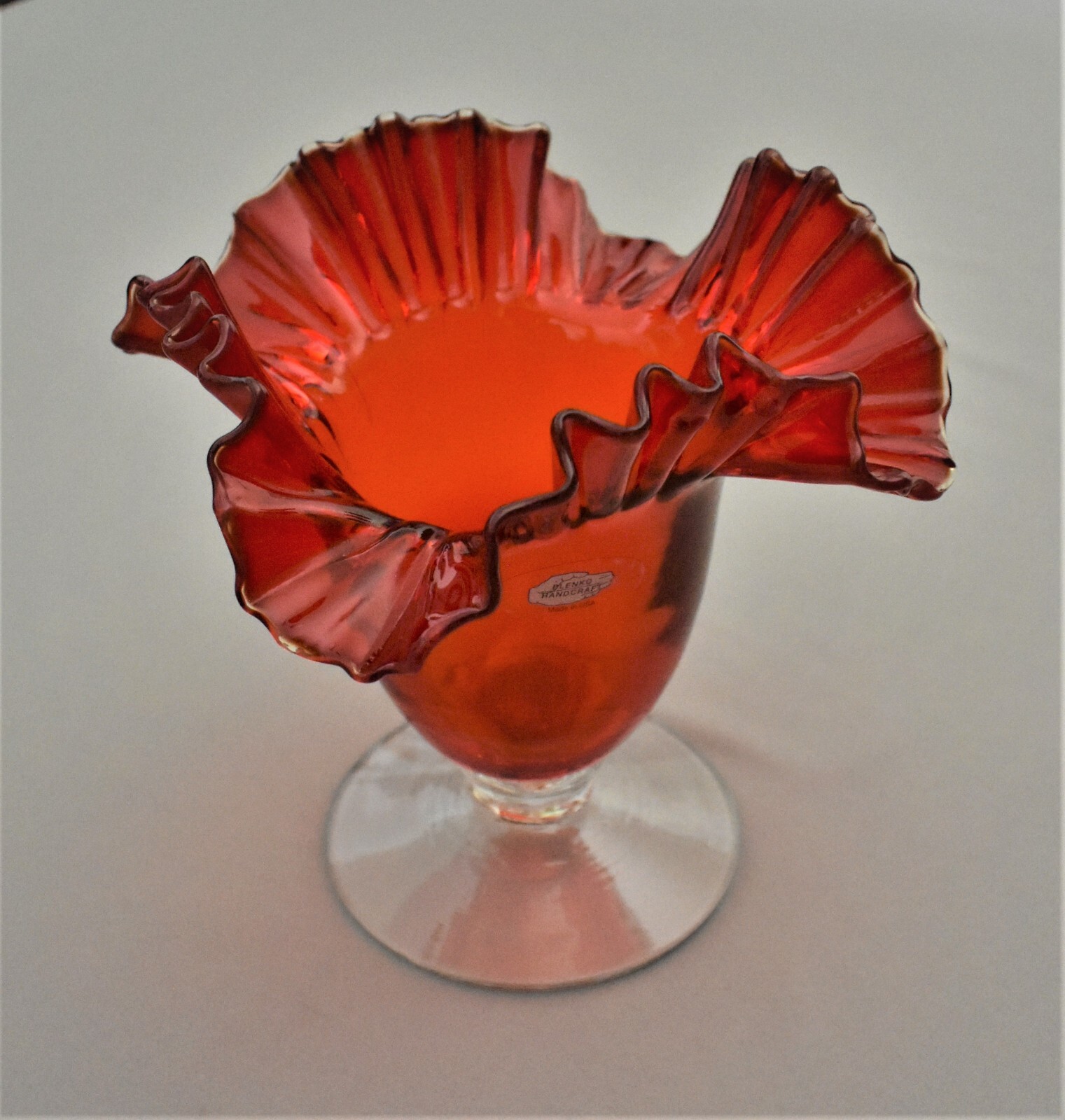 Blenko 8" Red Glass Rim Flared Ruffle Top Vase Pedestal Original Mark ...