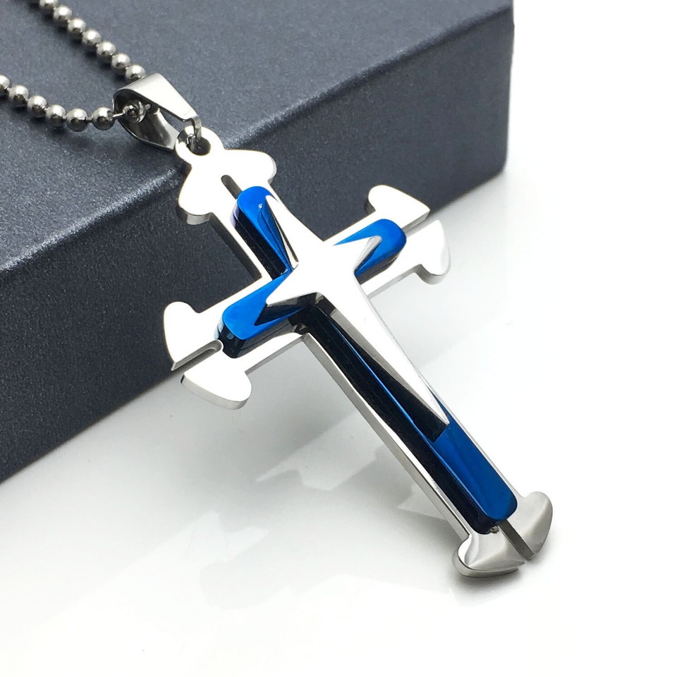 Simple Split Three Layer Cross Blue/Gold/Black Pendant Stainless Steel ...