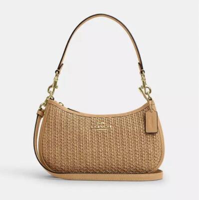 COACH CR350 Teri 2way Shoulder Bag Crossbody Straw Leather Latte Multi ...