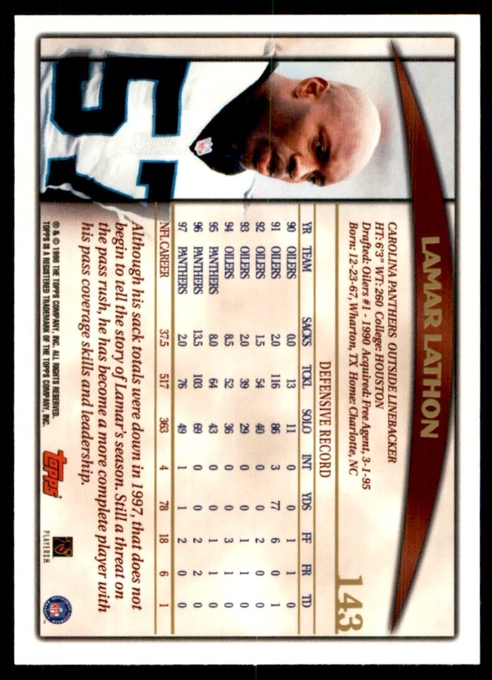 1998 TOPPS LAMAR LATHON CAROLINA PANTHERS #143 | eBay
