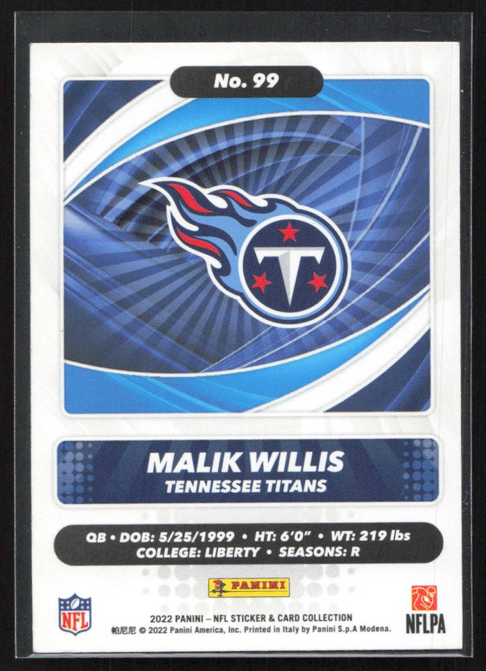 2022 Panini Sticker & Card Malik Willis #99 Orange Rookie #19/99 Titans ...