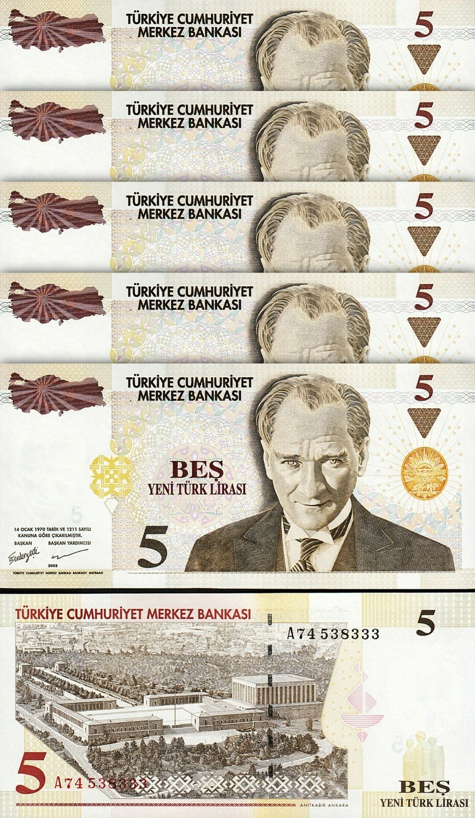 Turkey 5 Ytl / Lira 2005, UNC, 5 Pcs LOT, P-217, Prefix A Last 333 | eBay